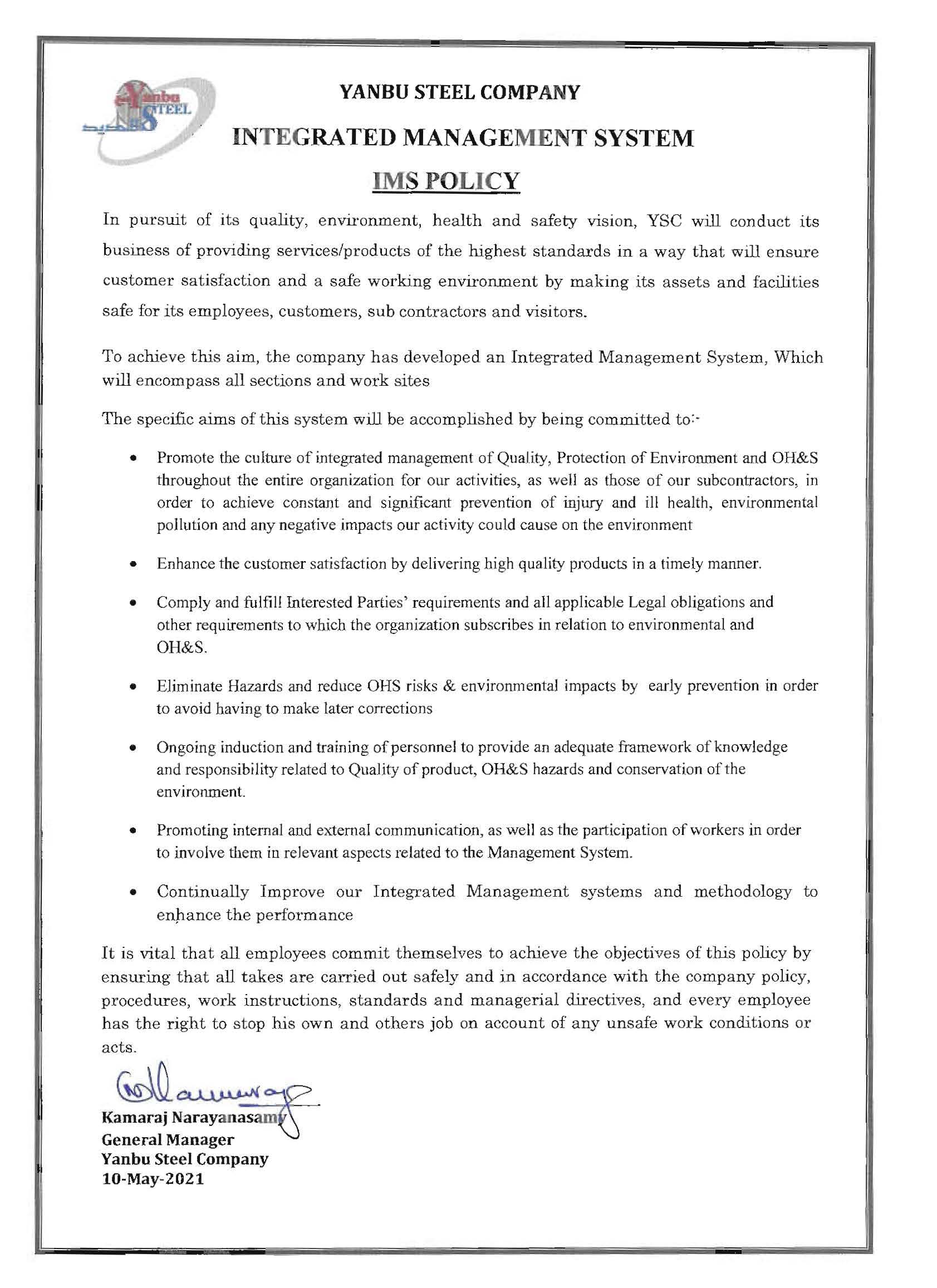 Certifications – Yanbu Steel Company